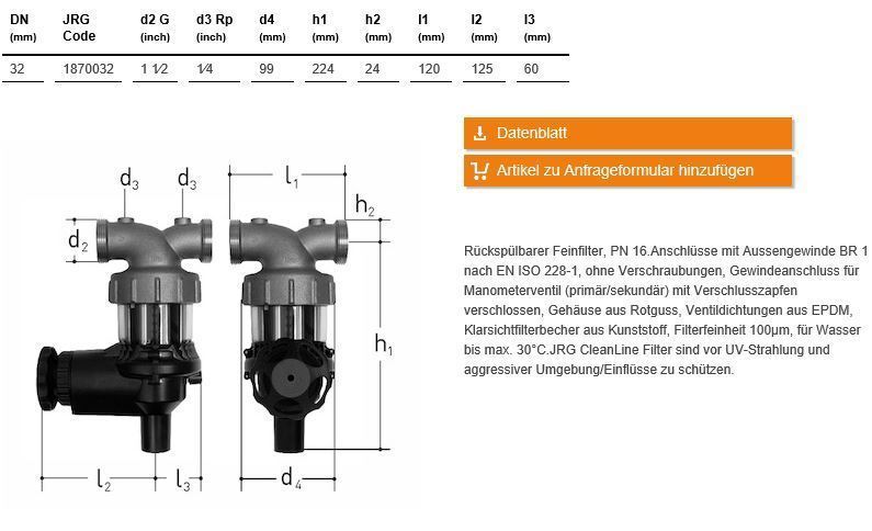 HLK Shop. JRG CleanLine Filter, PN16, DN32 - Art.Nr. : 1870.032